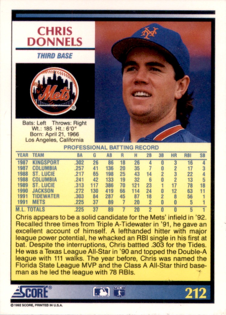 1992 Score Chris Donnels #212 on Kronozio