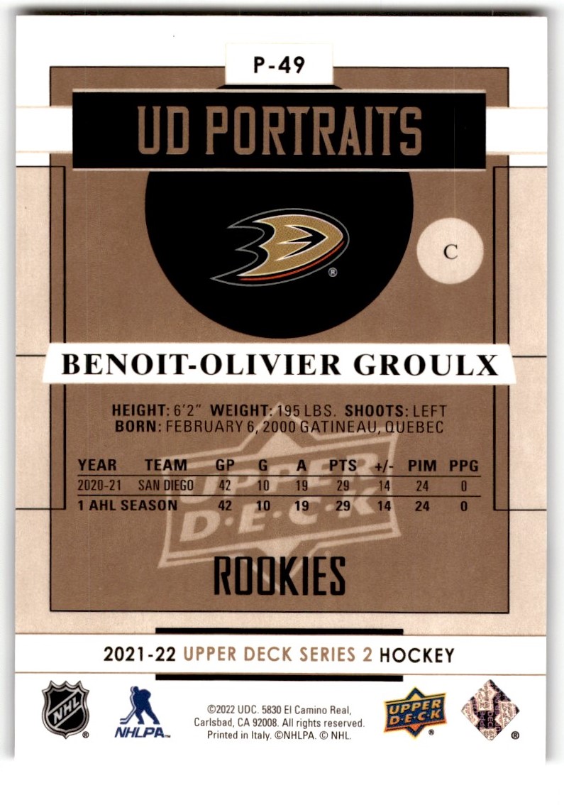 2021-22 Upper Deck UD Portraits Benoit-Olivier Groulx #P-49 on Kronozio