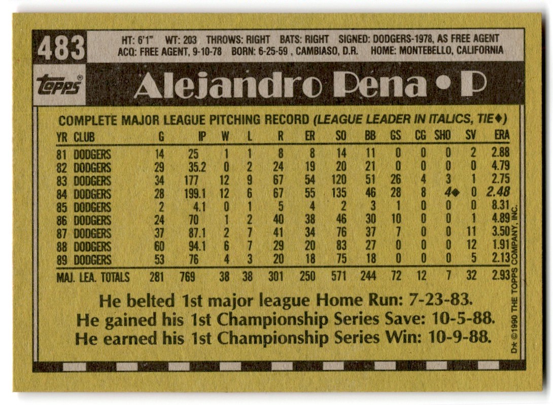 1990 Topps Alejandro Pena #483 on Kronozio