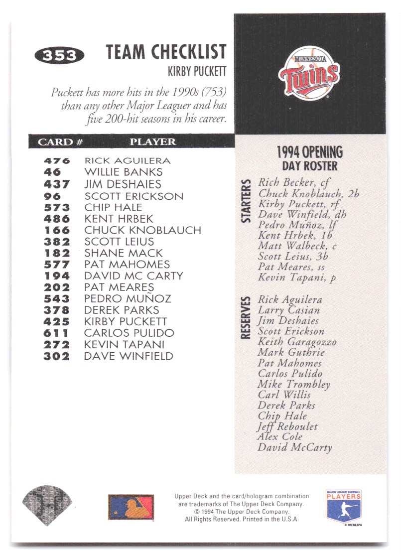 1994 Collector's Choice Checklist Kirby Puckett #353 on Kronozio
