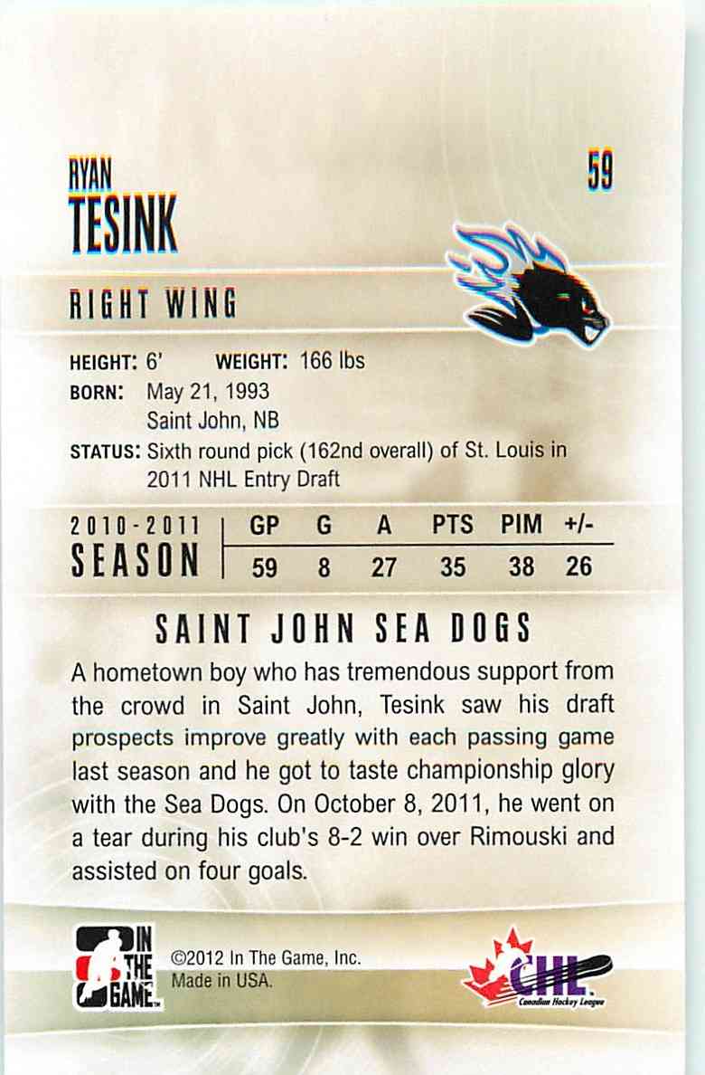 2011-12 In The Game Heroes And Prospects Ryan Tesink #59 on Kronozio