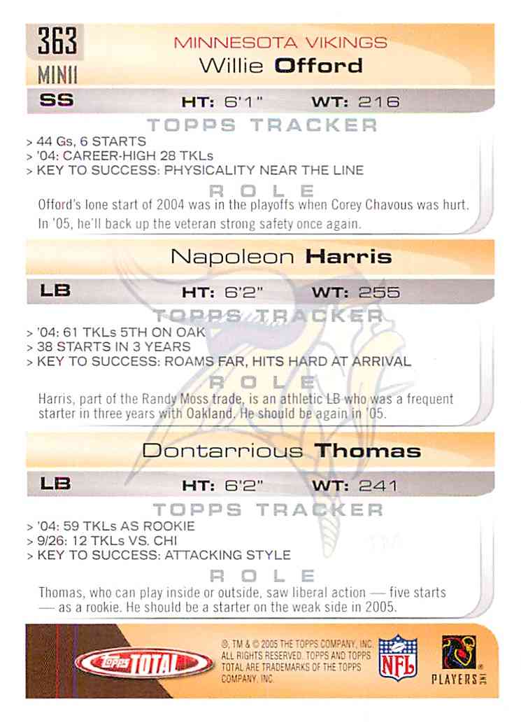 2005 Topps Total Willie Offord, Napoleon Harris, Dontarrious Thomas ...