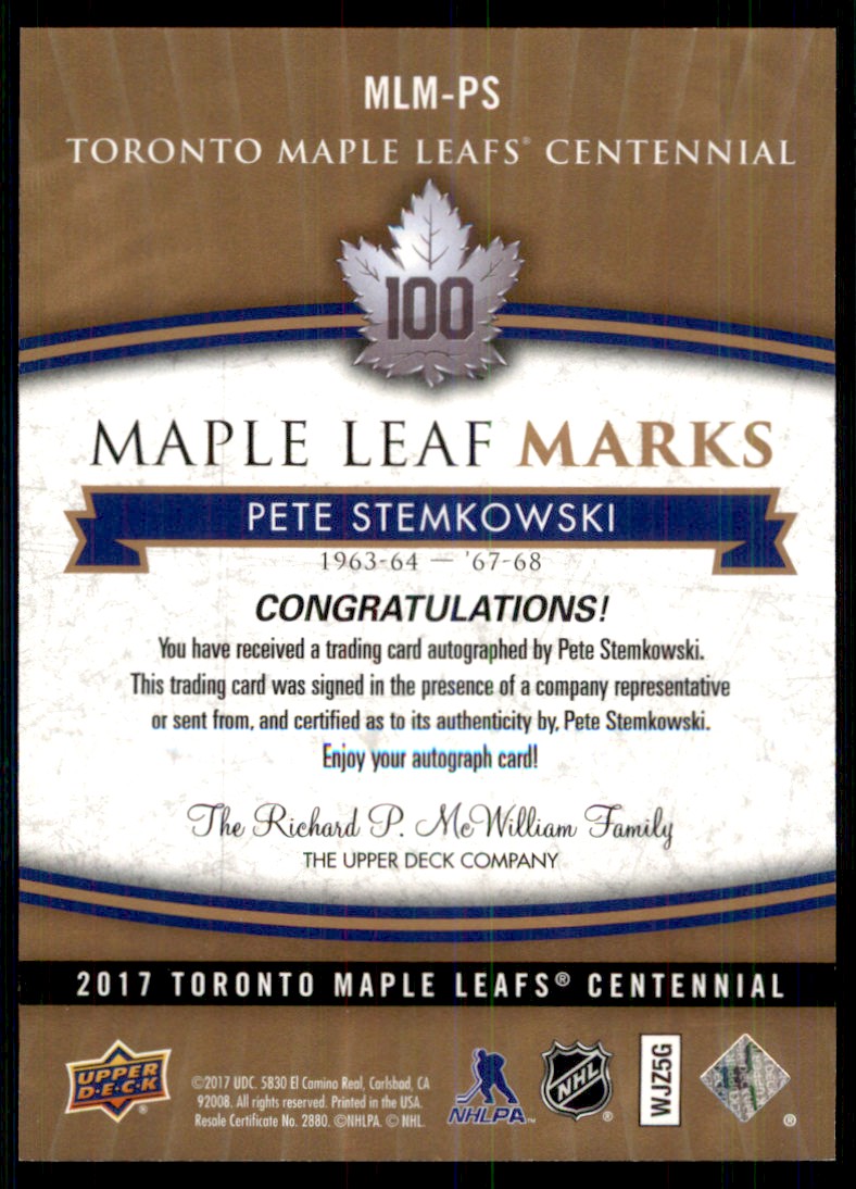 2017-18 Upper Deck Centennial Toronto Maple Leafs Marks Auto Pete ...