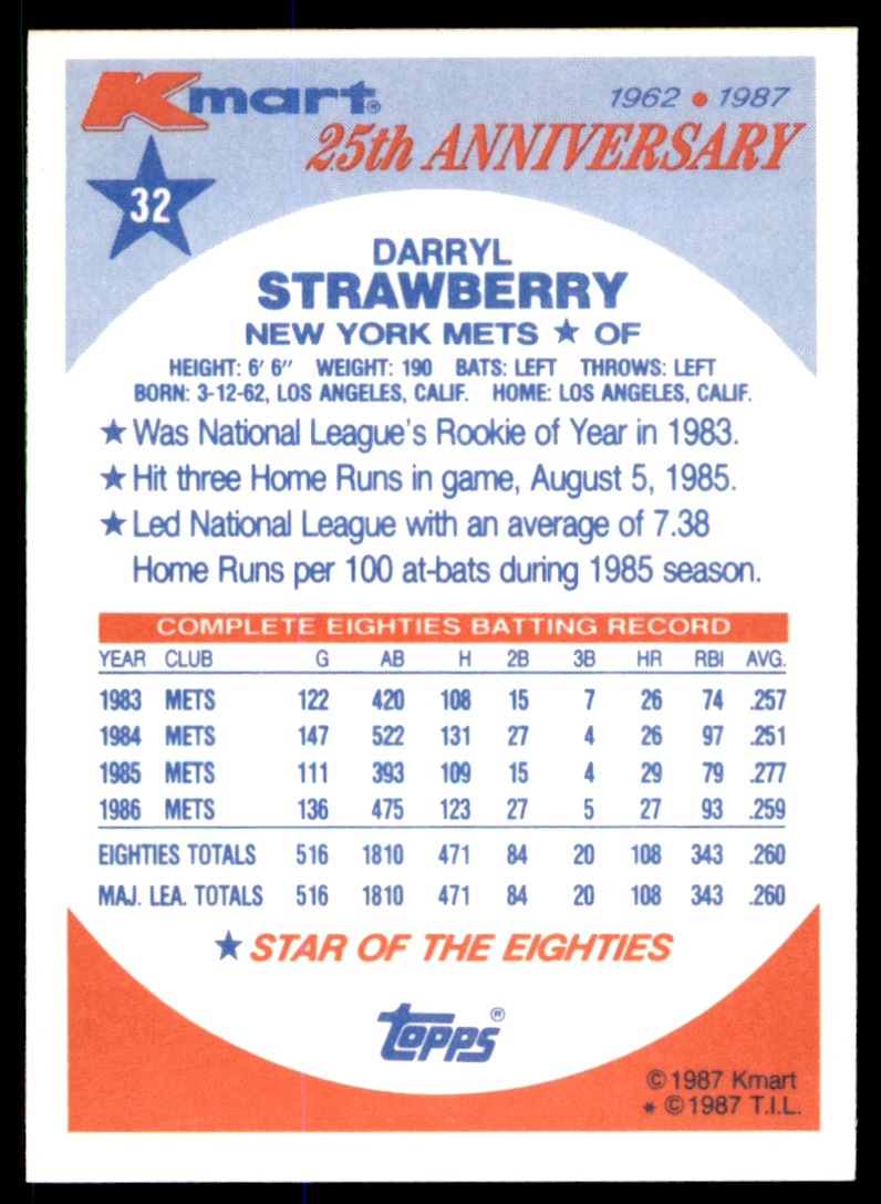 1987 Topps Kmart 25th Anniversary Darryl Strawberry #32 on Kronozio