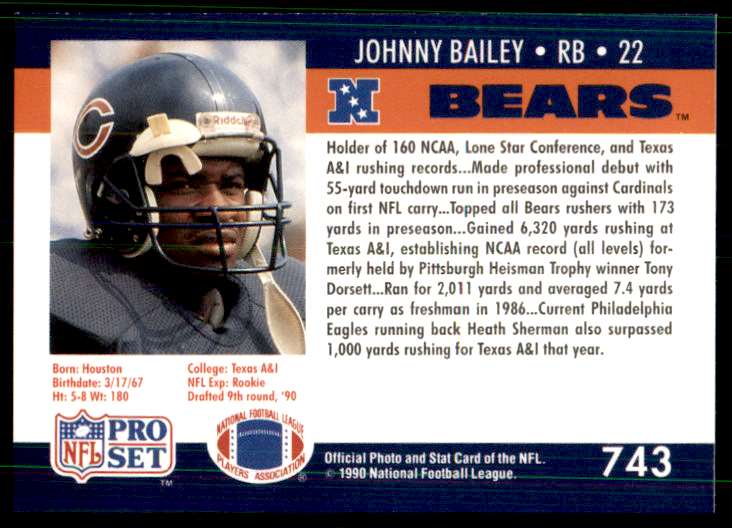 1990 Pro Set Johnny Bailey #743 on Kronozio