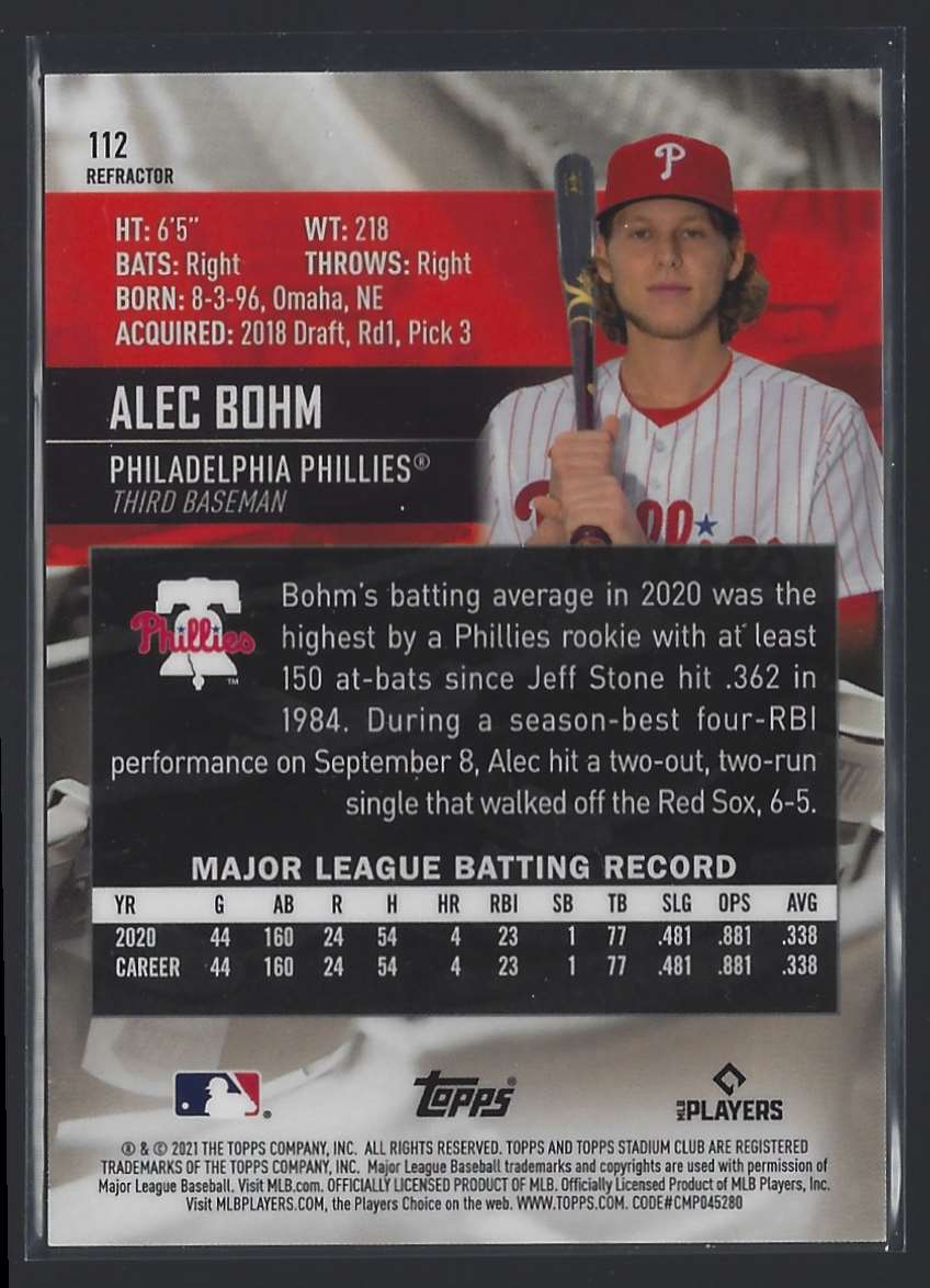 2021 Stadium Club Chrome Insert Refractors Baseball Card Alec Bohm #112 on Kronozio