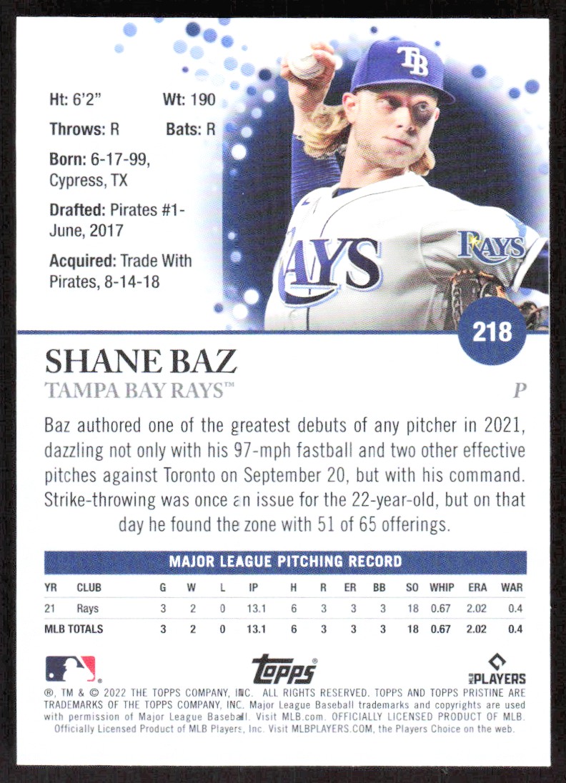 2022 6675D Topps Pristine Shane Baz #218 on Kronozio