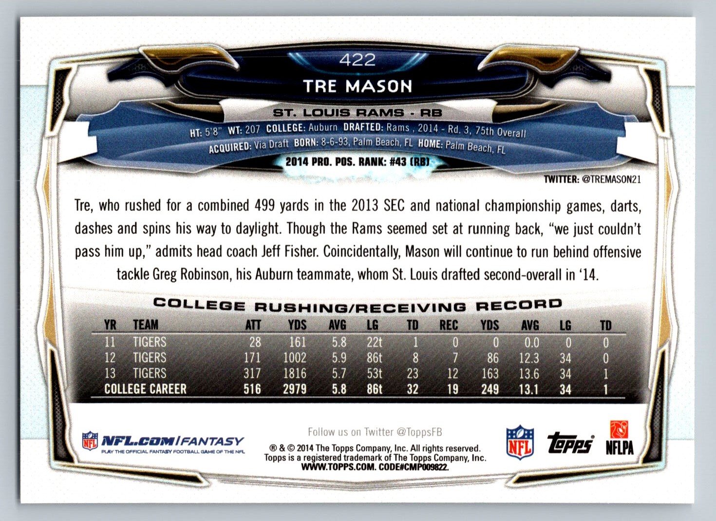 2014 Topps Tre Mason #422 on Kronozio