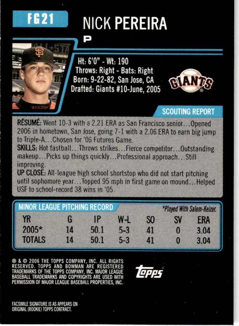 2006 Bowman Draft Future's Game Prospects Nick Pereira #FG21 on Kronozio