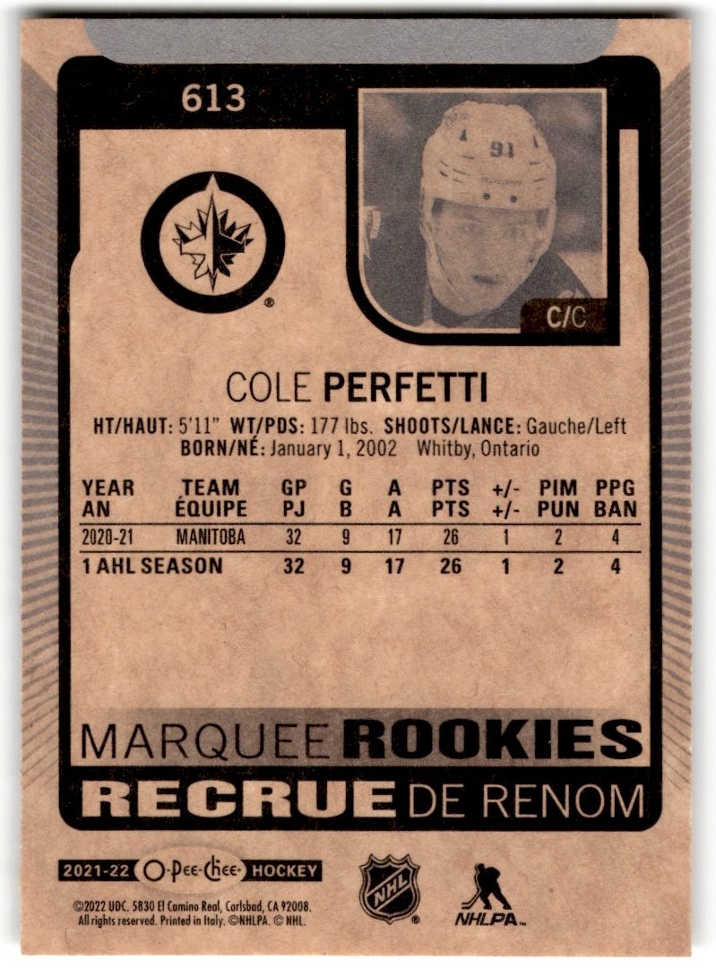 2021-22 O-Pee-Chee Cole Perfetti #613 on Kronozio