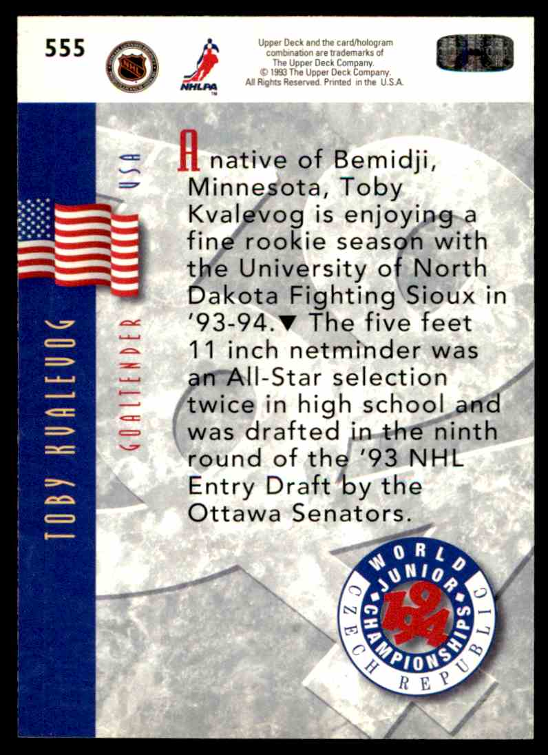1993-94 Upper Deck All World Toby Kvalevog #555 on Kronozio