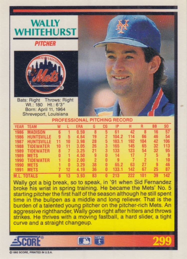 1992 Score Wally Whitehurst #299 on Kronozio