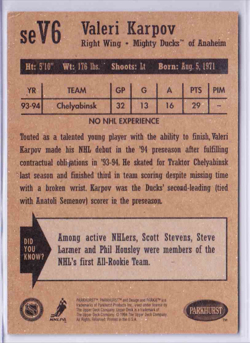 1994-95 Parkhurst Se Vintage Valeri Karpov #6 on Kronozio