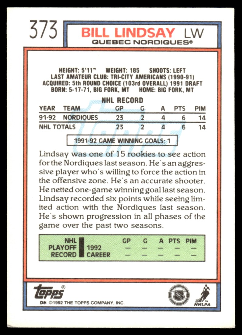 1992-93 Topps Bill Lindsay #373 on Kronozio