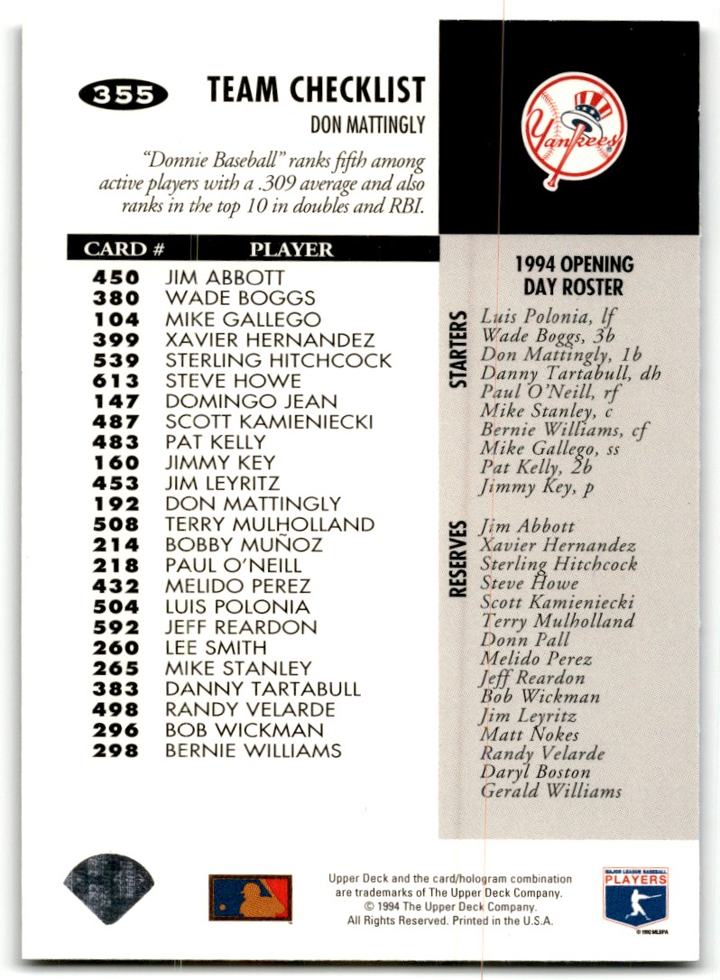 1994 COLLECTORS CHOICE UPPER DECK TEAM CHECKLIST DON MATTINGLY #355 on ...