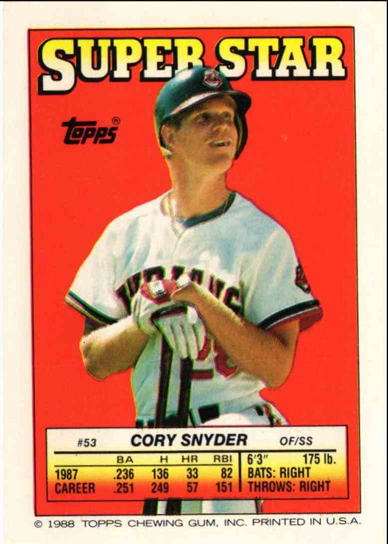 1988 Topps Super Star Sticker Back Cards Cory Snyder #53 on Kronozio