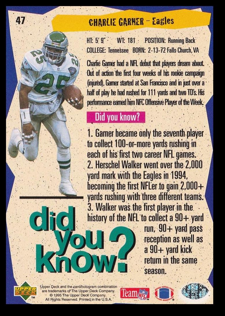 1995 Collector's Choice Charlie Garner #47 on Kronozio