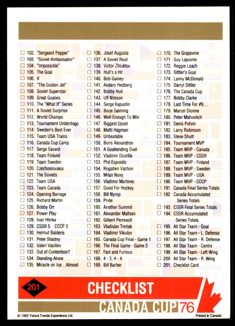 1992-93 Future Trends '76 Canada Cup Canada Cup Checklist #201 on Kronozio