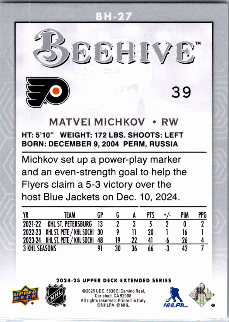 2024-25 Upper Deck Beehive Matvei Michkov #BH-27 on Kronozio