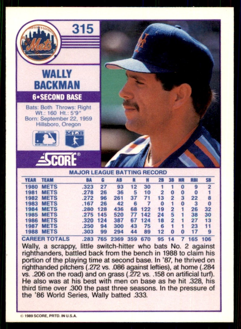 1989 Score Wally Backman #315 on Kronozio
