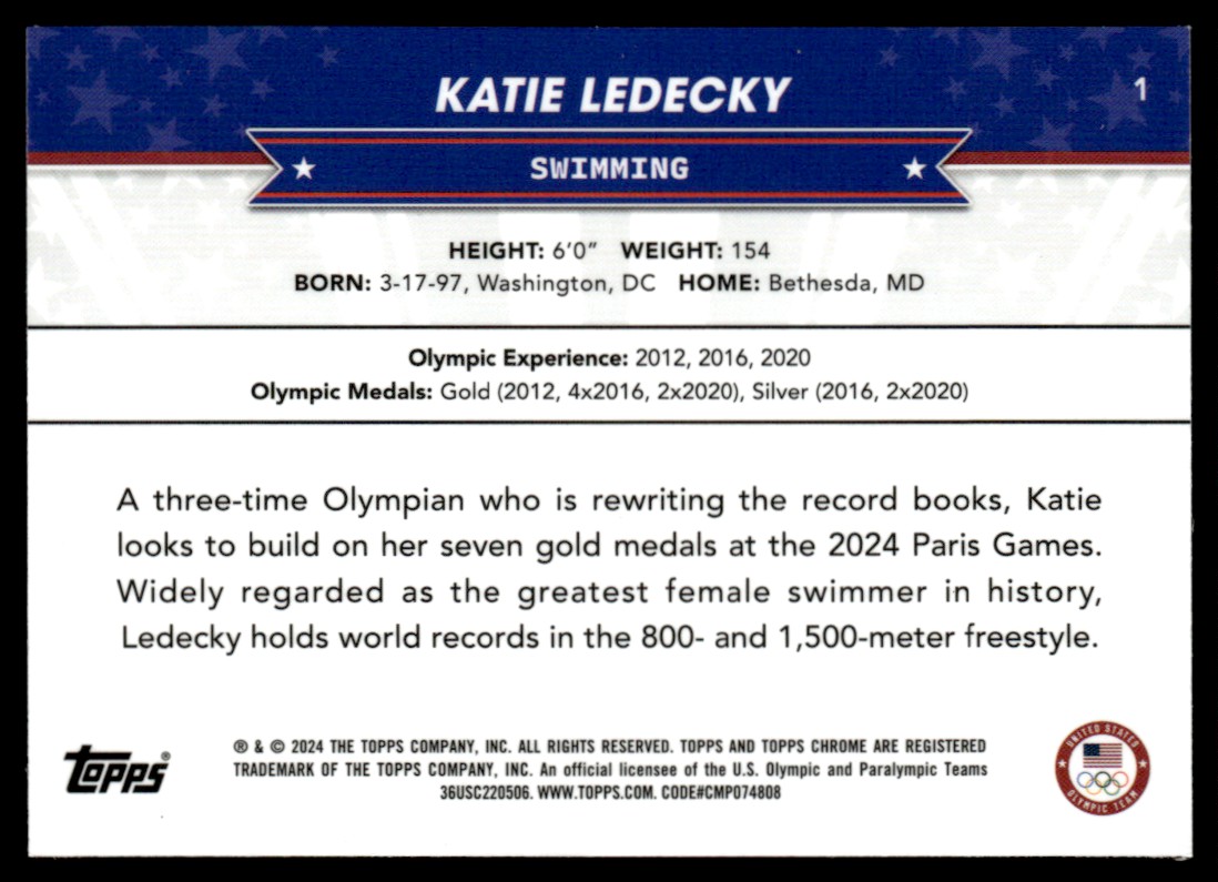 2024 Topps Chrome US Olympic and Paralympic Base Katie Ledecky #1 on ...