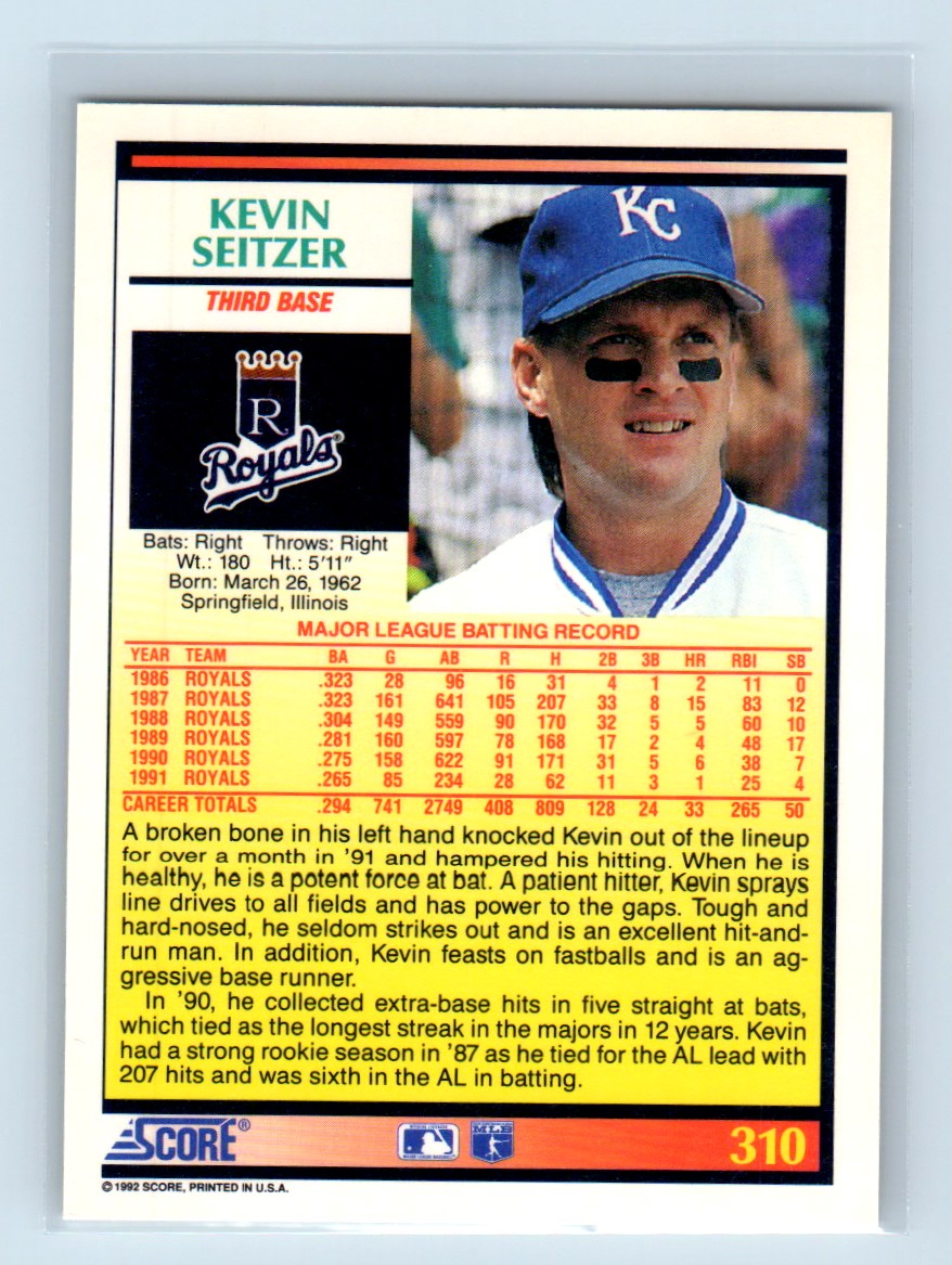 1992 Score Straight from Pack!!! Kevin Seitzer #310 on Kronozio