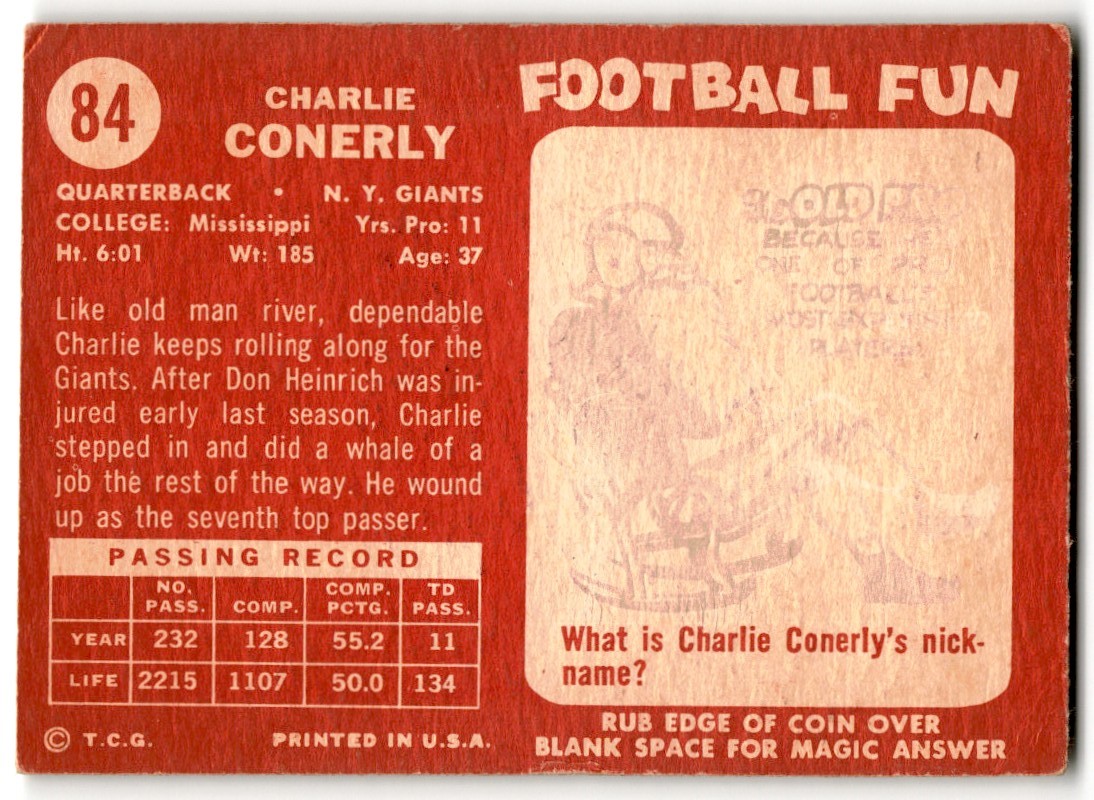 1958 Topps Charley Conerly SET BREAK in VG to EX CONDITION "LOOK" #84 ...