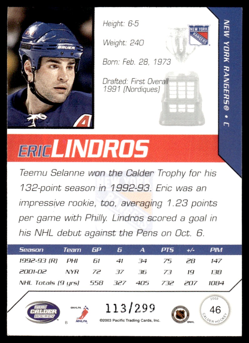 2002-03 Pacific Calder /299 Eric Lindros #46 on Kronozio