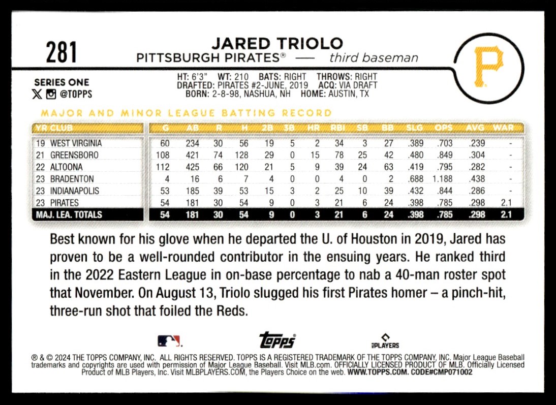 2024 Topps Series 1 Jared Triolo #281 on Kronozio