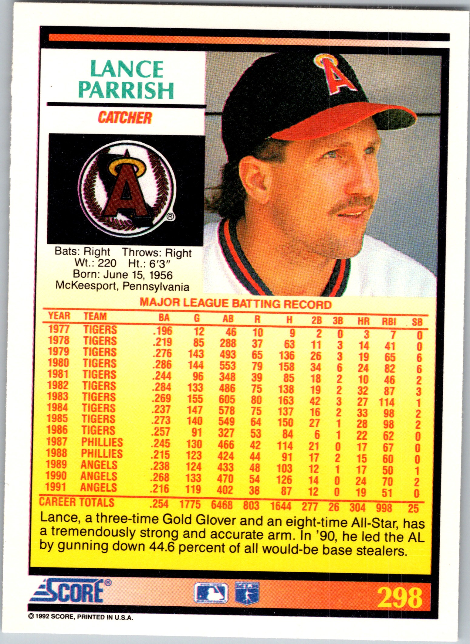 1992 Score Lance Parrish #298 on Kronozio