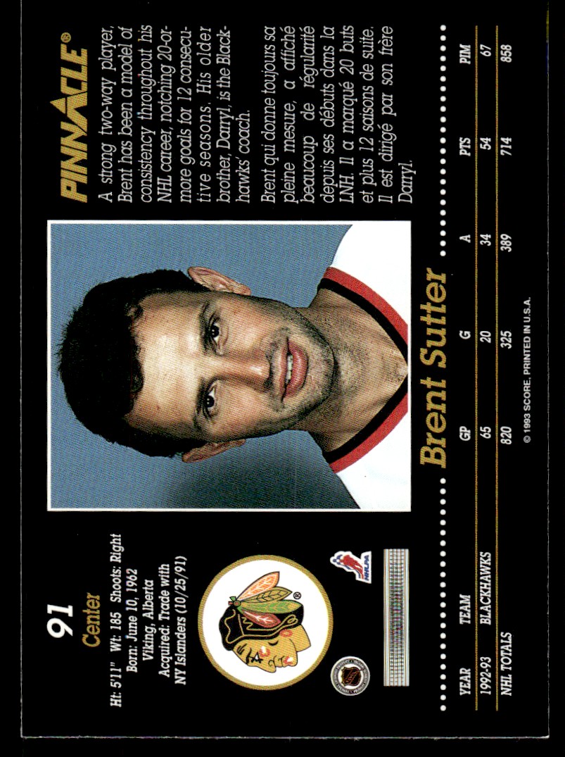 1993-94 Pinnacle !! Brent Sutter #91 on Kronozio