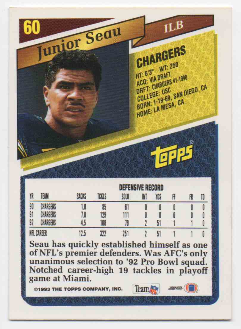 1993 Topps Junior Seau #60 on Kronozio