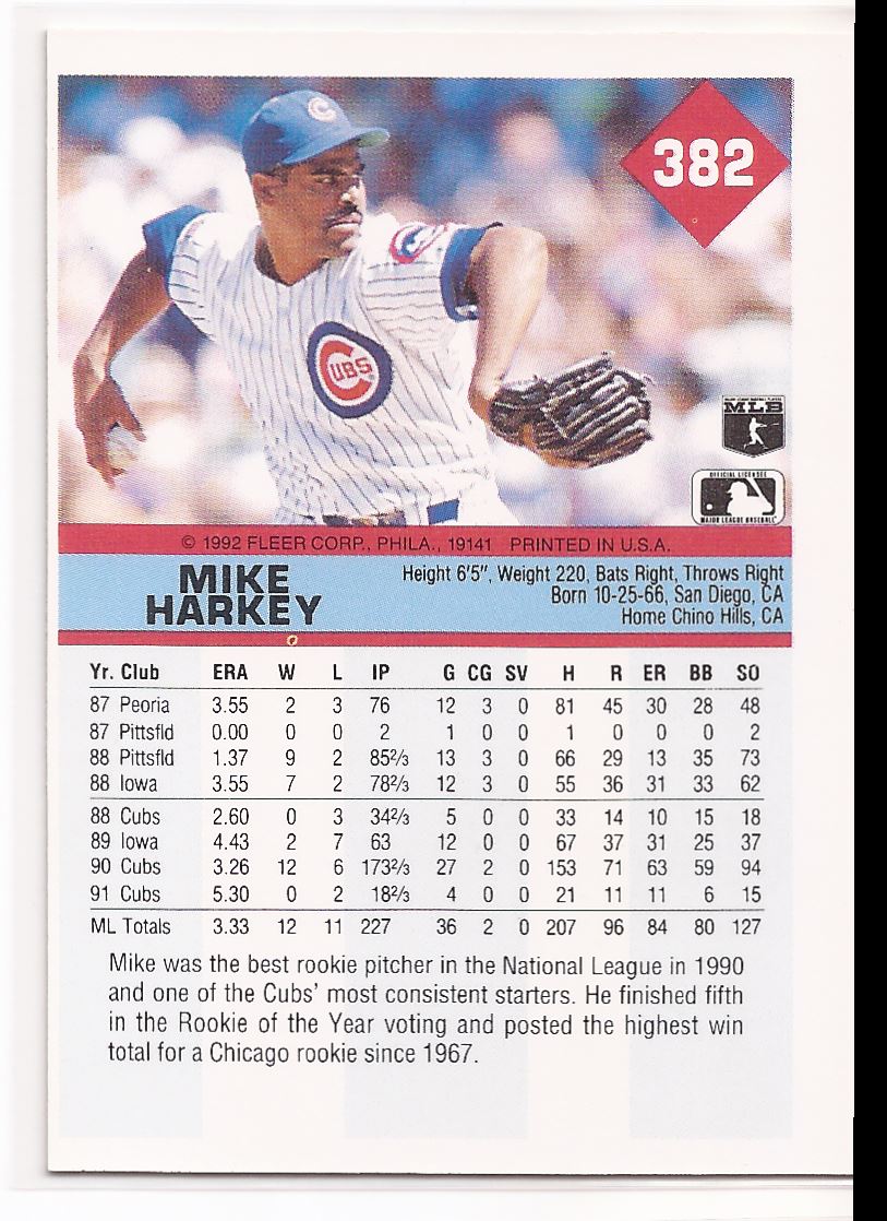 1992 Fleer Mike Harkey #382 on Kronozio