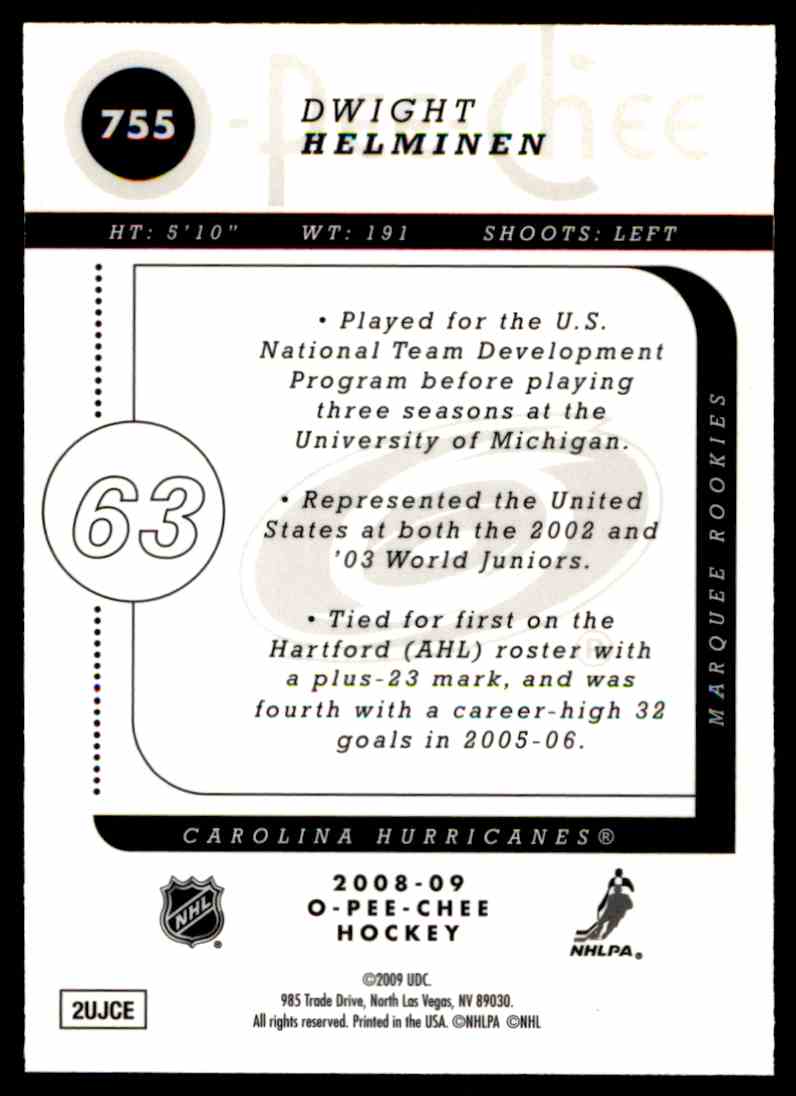 2008-09 O-Pee-Chee marquee Rookie Gold Dwight Helminen #755 on Kronozio