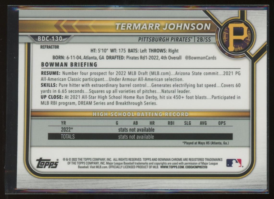 2022 Bowman Draft Baseball Chrome Refractor Termarr Johnson #BDC-130 on ...