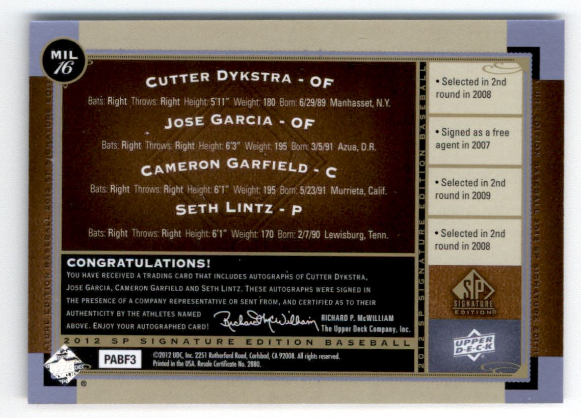 2012 SP Signature Edition Quad Signatures Cutter Dykstra/Jose Garcia ...