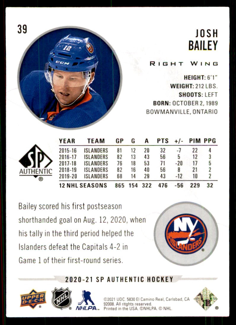 2020-21 SP Authentic Josh Bailey #39 on Kronozio