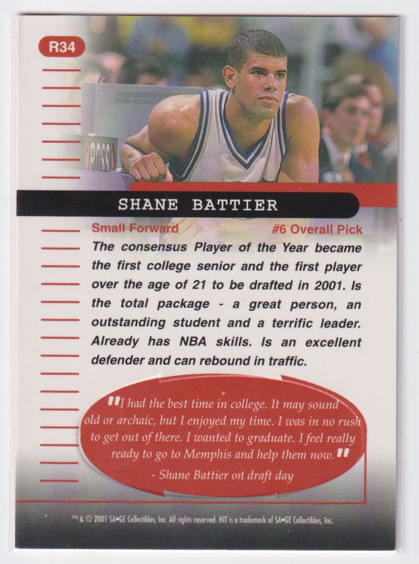 2001-02 SAGE HIT Rarefied Gold Shane Battier #R34 on Kronozio
