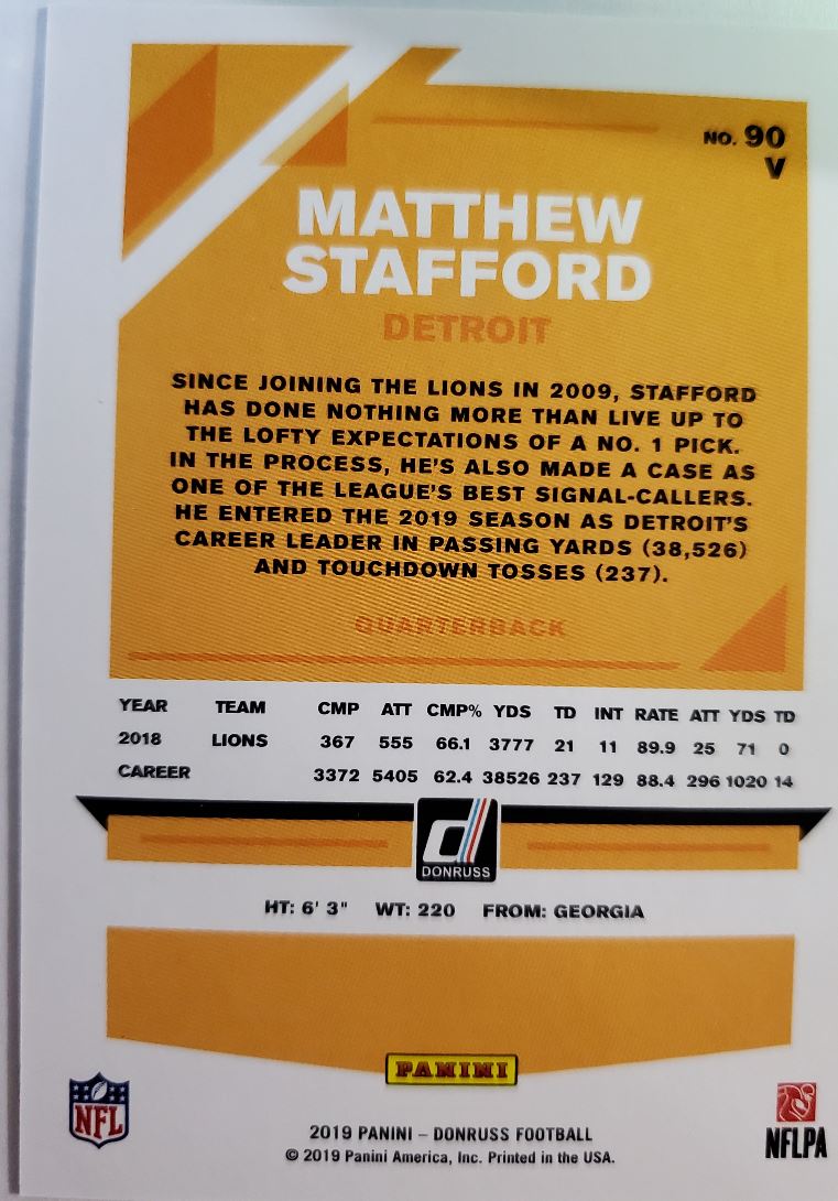 2019 Donruss Press Proof 9982 Matthew Stafford #90 on Kronozio