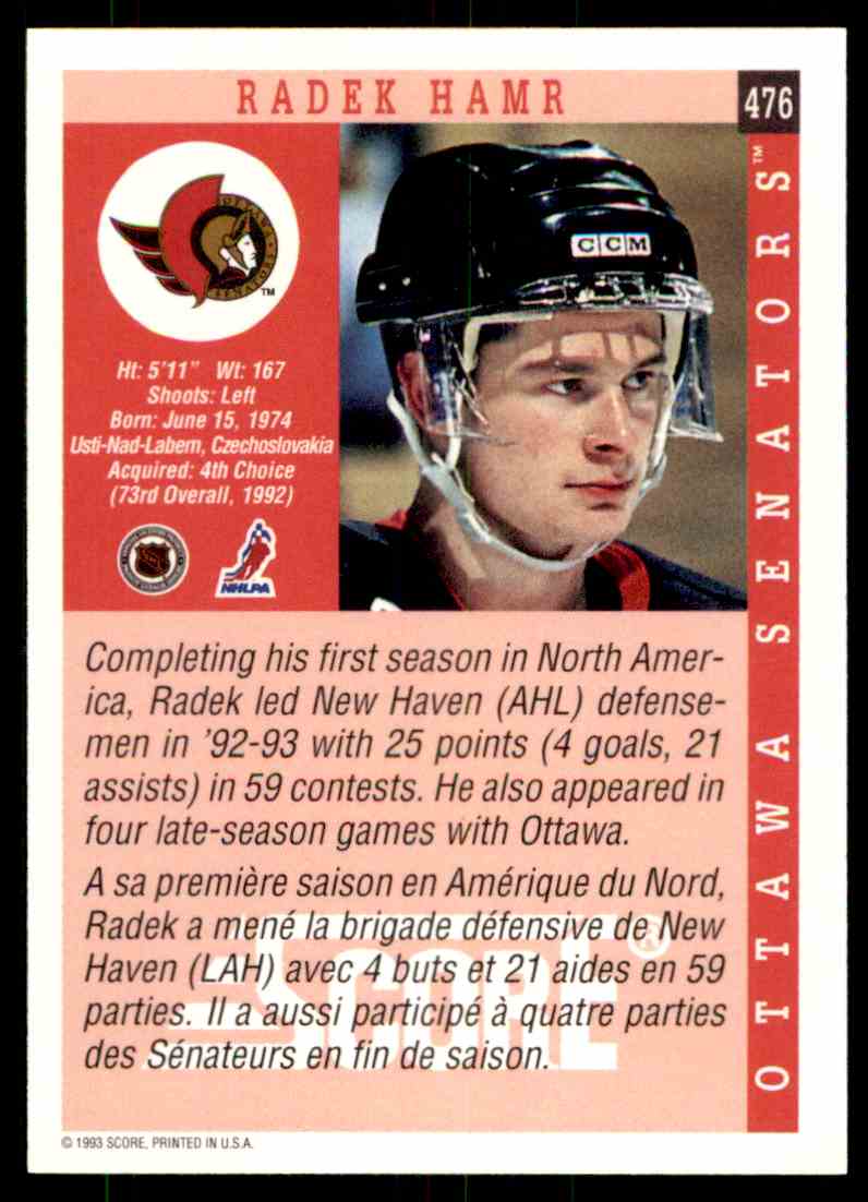 1993-94 Score Radek Hamr #476 on Kronozio