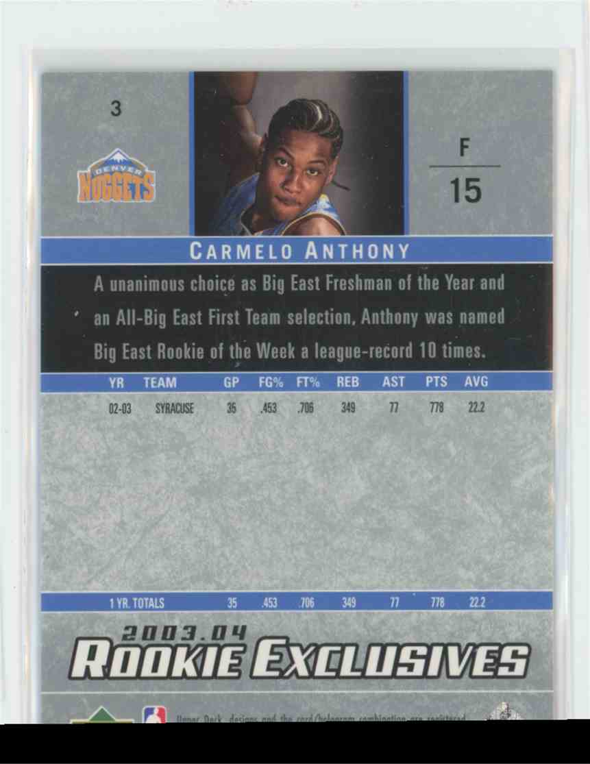 2003-04 Upper Deck Rookie Exclusives Carmelo Anthony #3 on Kronozio