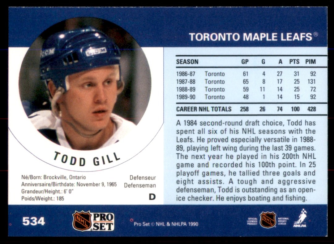 1990-91 Pro Set Todd Gill #534 on Kronozio