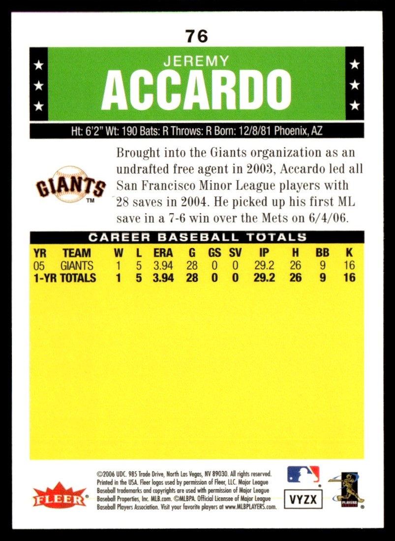 2006 Fleer Tradition Jeremy Accardo #76 on Kronozio