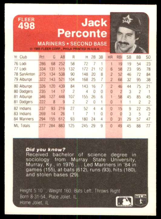 1985 Fleer Jack Perconte #498 on Kronozio