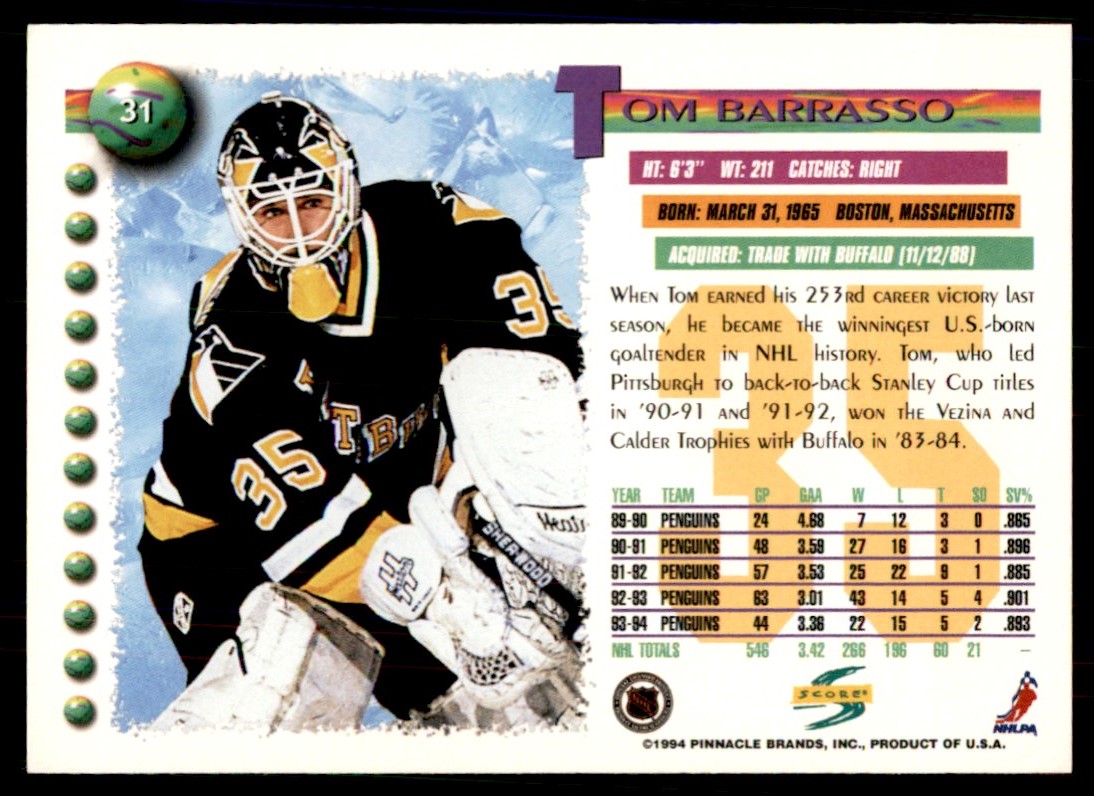 1994-95 Score Tom Barrasso #31 on Kronozio