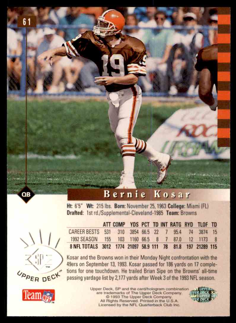 1993 UPPER DECK SP BERNIE KOSAR CLEVELAND BROWNS #61 | eBay