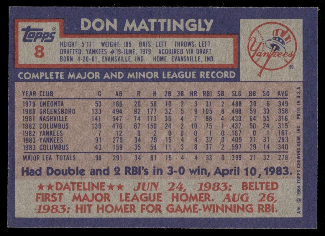 1984 Topps Baseball Card Don Mattingly #8 on Kronozio