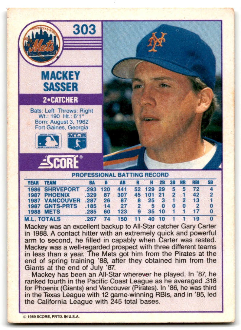 1989 Score Mackey Sasser #303 on Kronozio