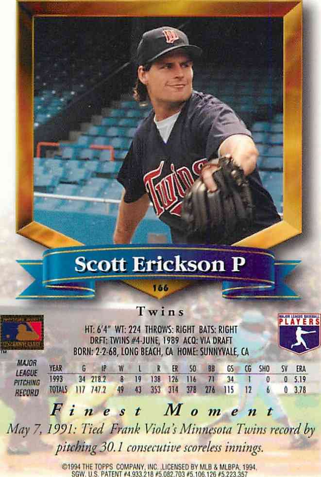 1994 Topps Finest Preproduction Scott Erickson #166 on Kronozio