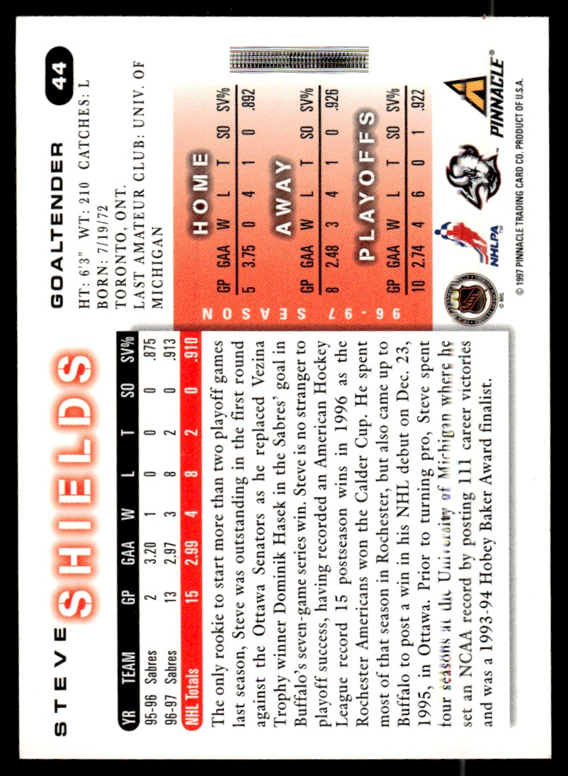 1997-98 Score * Steve Shields #44 on Kronozio